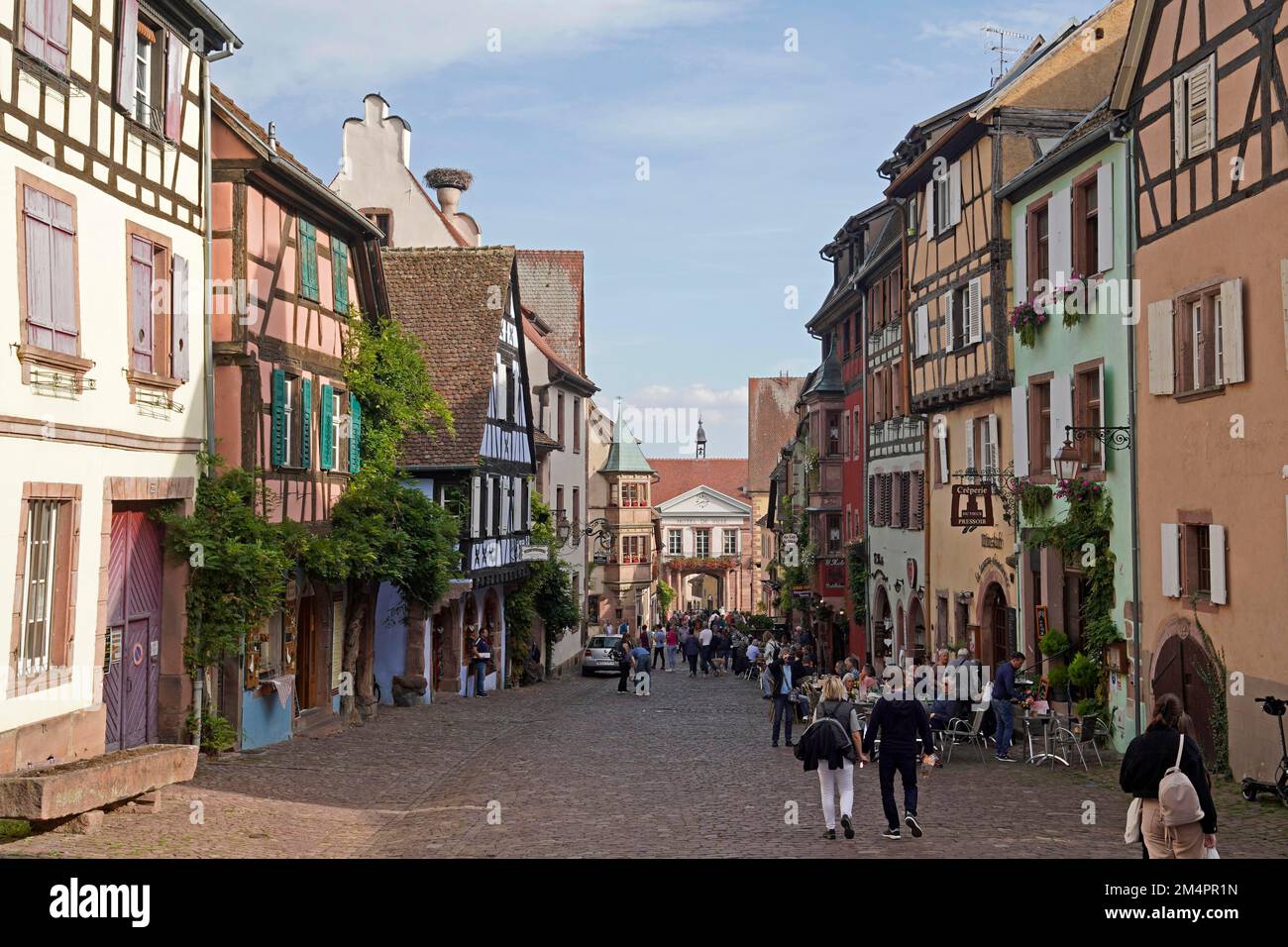 Colourful half-timbered houses in the historic old town of Riquewihr ...
