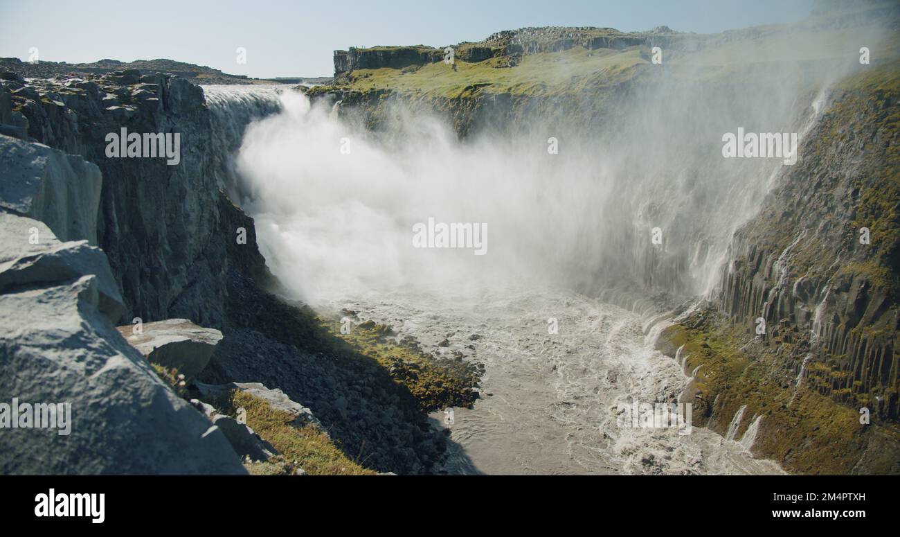 Most powerful watterfall Dettifoss filmed from the distance, Iceland ...