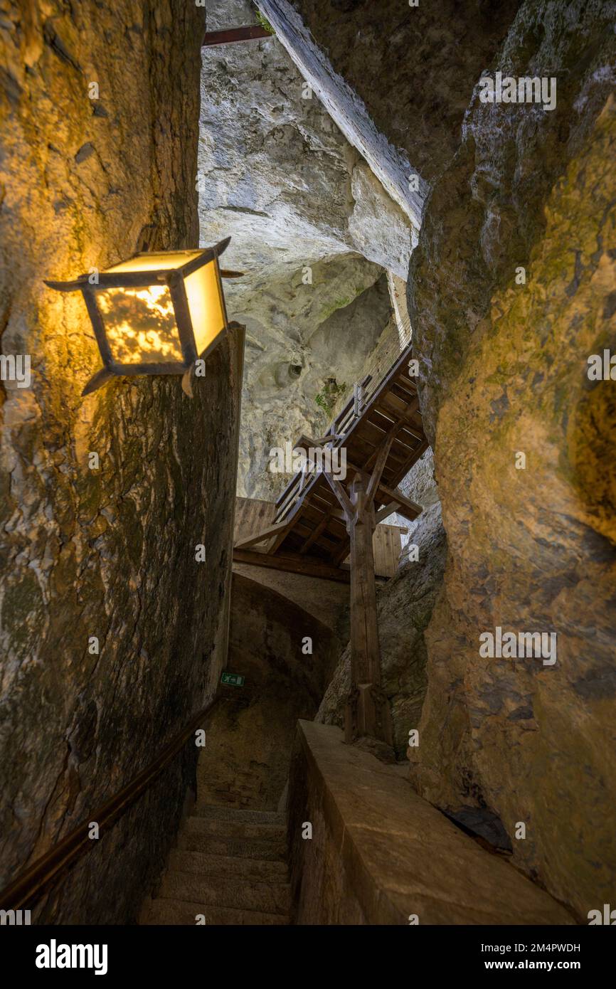 Wooden bridge leading to the upper part of the medieval cave castle ...