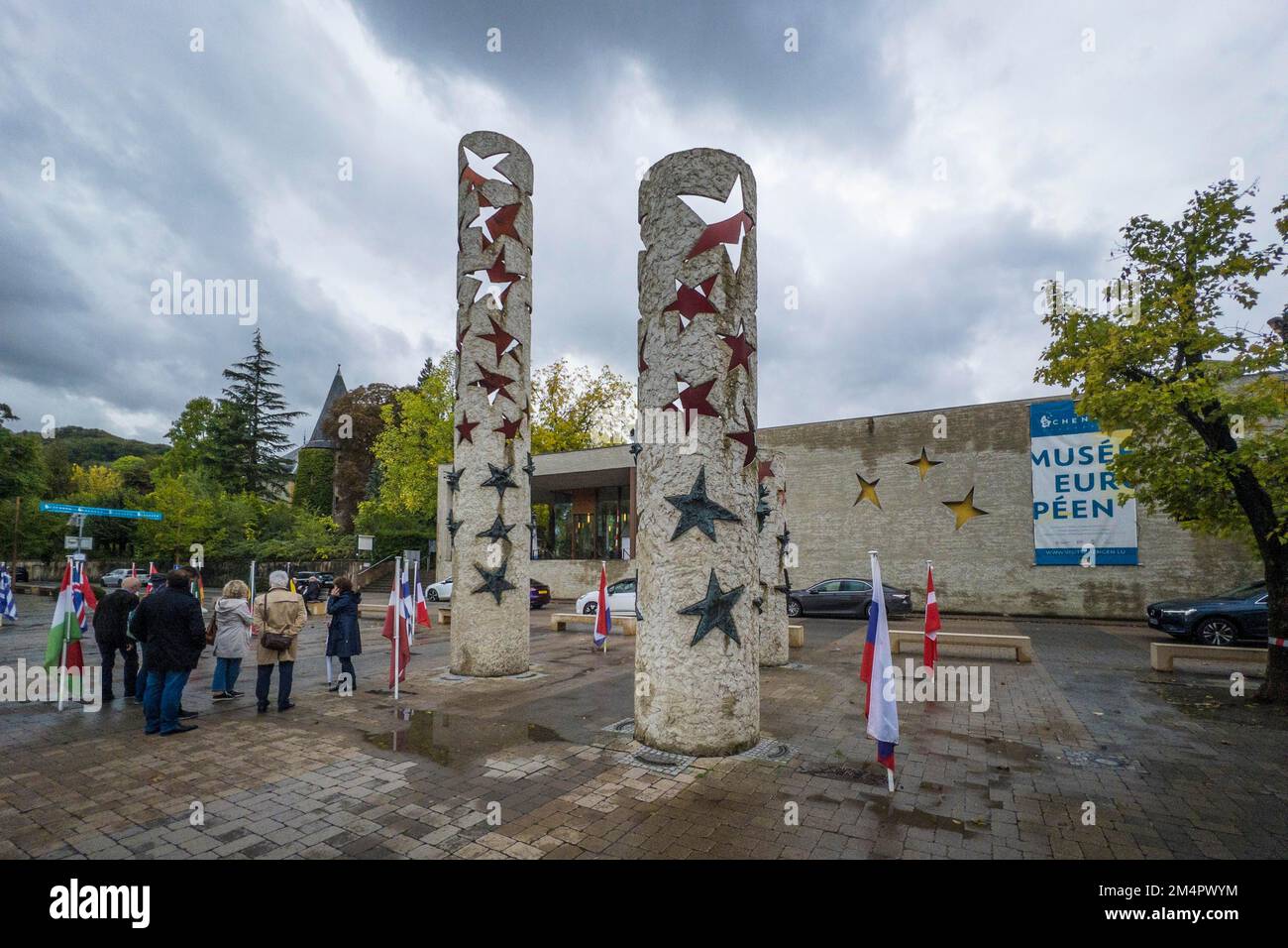 Columns of nations in front of the European Museum in Schengen Stock ...