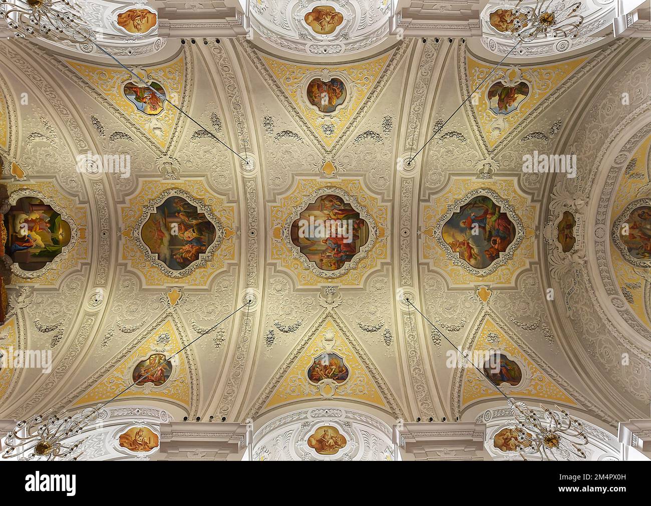 Ceiling vault with stucco work in the baroque town parish church of St ...