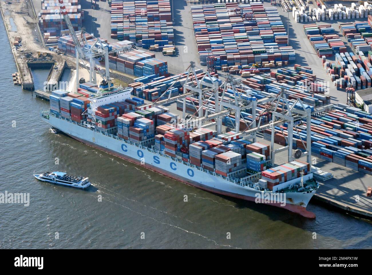 Aerial view of a container ship of the Chinese shipping company COSCO ...