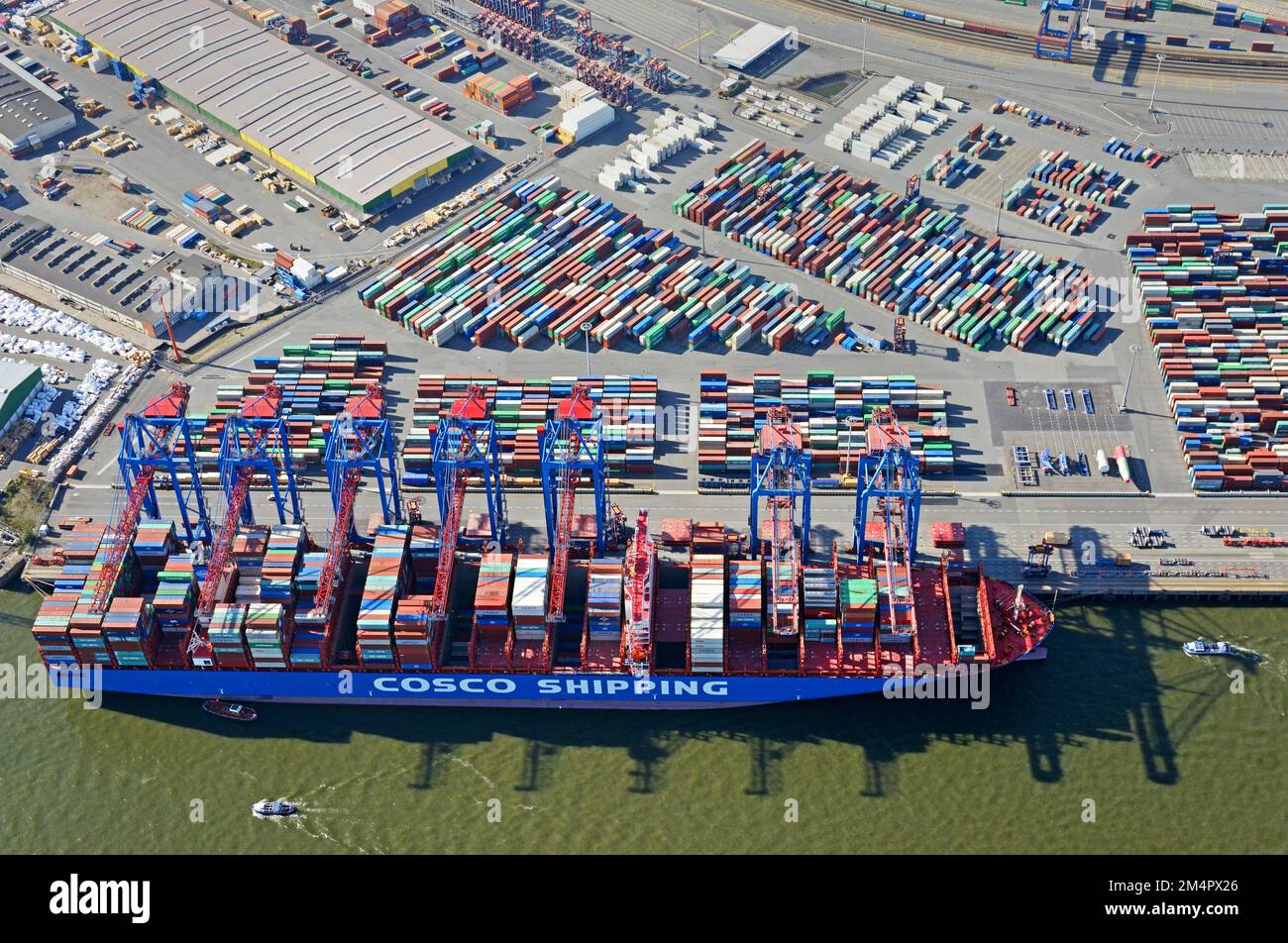 Aerial view of a container ship of the Chinese shipping company COSCO ...