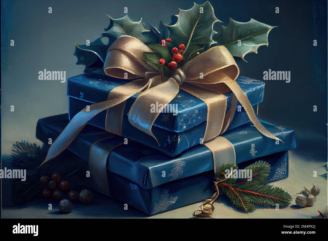 a painting of a stack of blue presents with holly and mist on top of ...