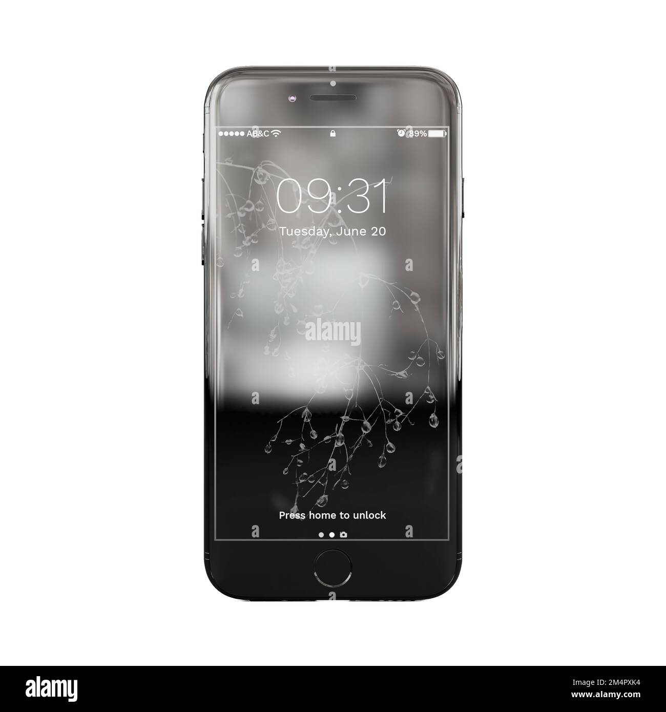 A 3D illustration of a smart phone with blurry grayscale wallpaper ...