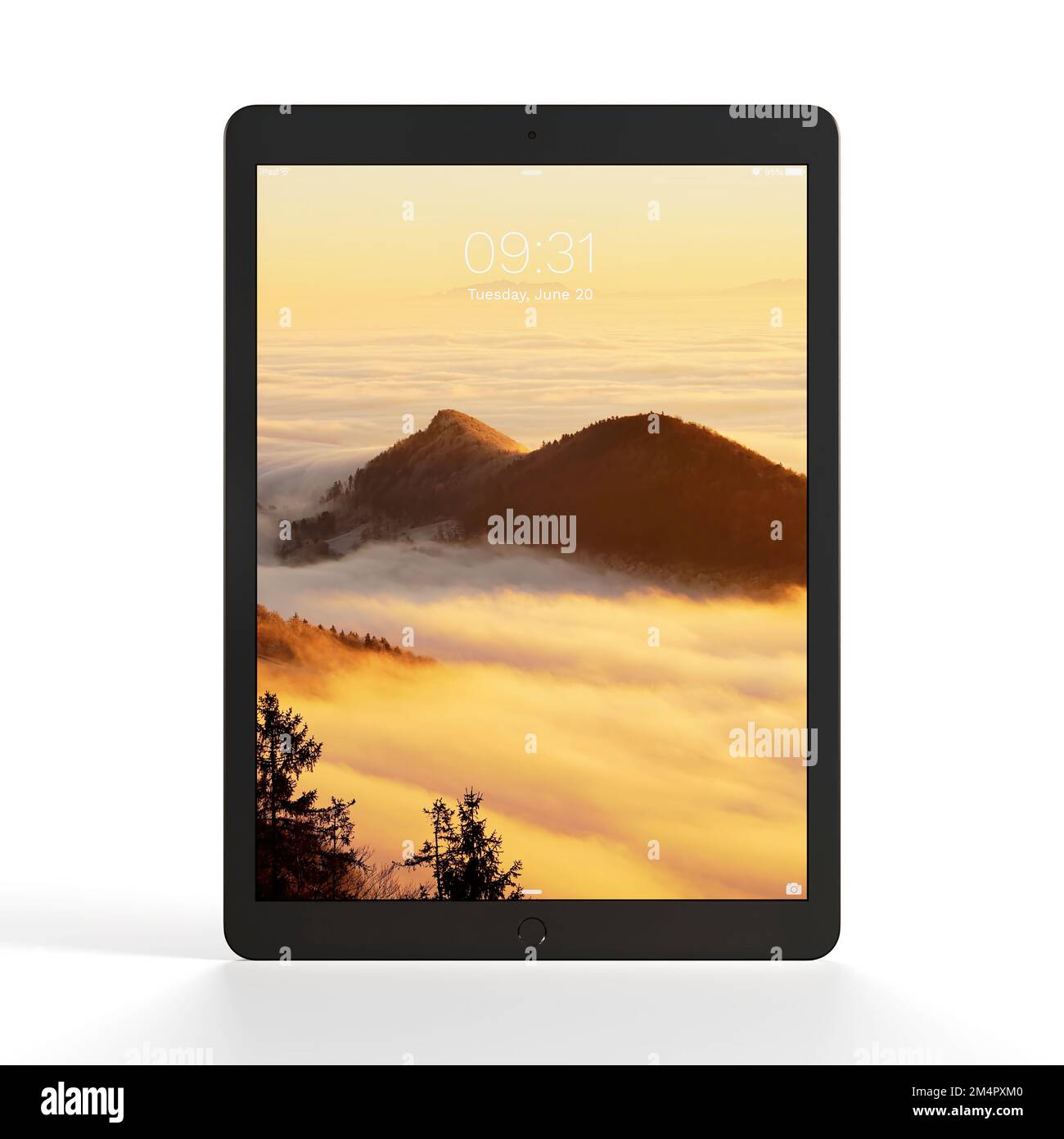 A 3d illustration of a tablet with a picture of a landscape on its ...
