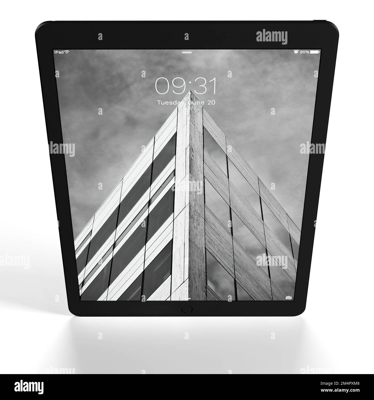 A 3D illustration of a tablet that has a grayscale building as a ...