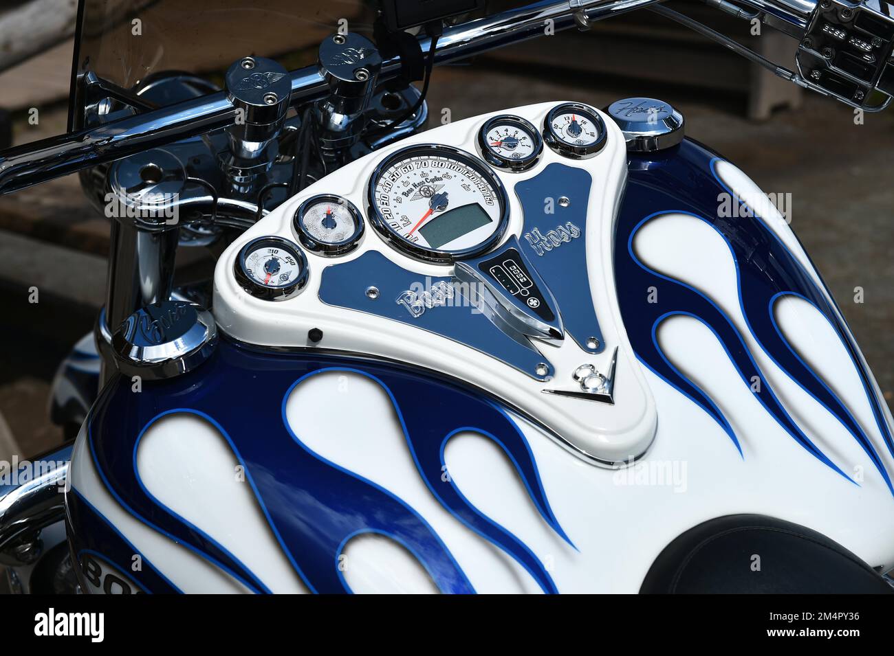 Fittings on motorbike tank of a Boss Hoss, USA Stock Photo - Alamy