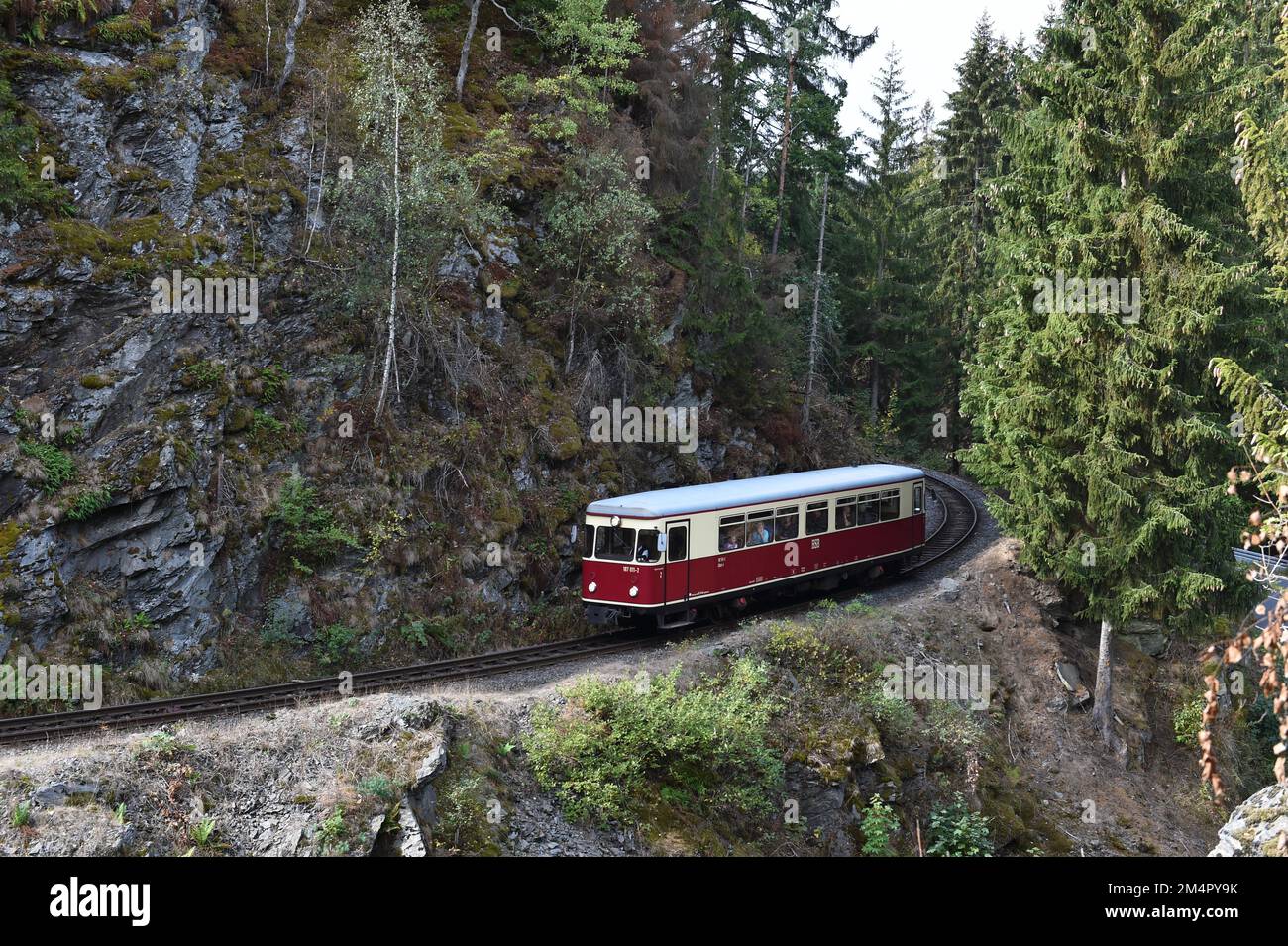 Railbus, railcar of the Harz narrow gauge railway travelling to ...