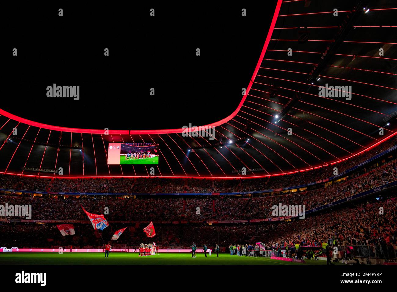 Night shot, teams coming onto the pitch, Allianz Arena, Munich, Bavaria ...