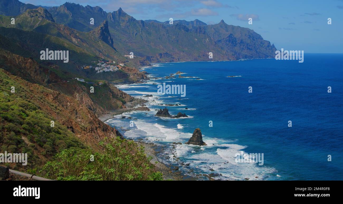 Spectacular view on rocky coast and village, Almaciga beach in Tenerife ...