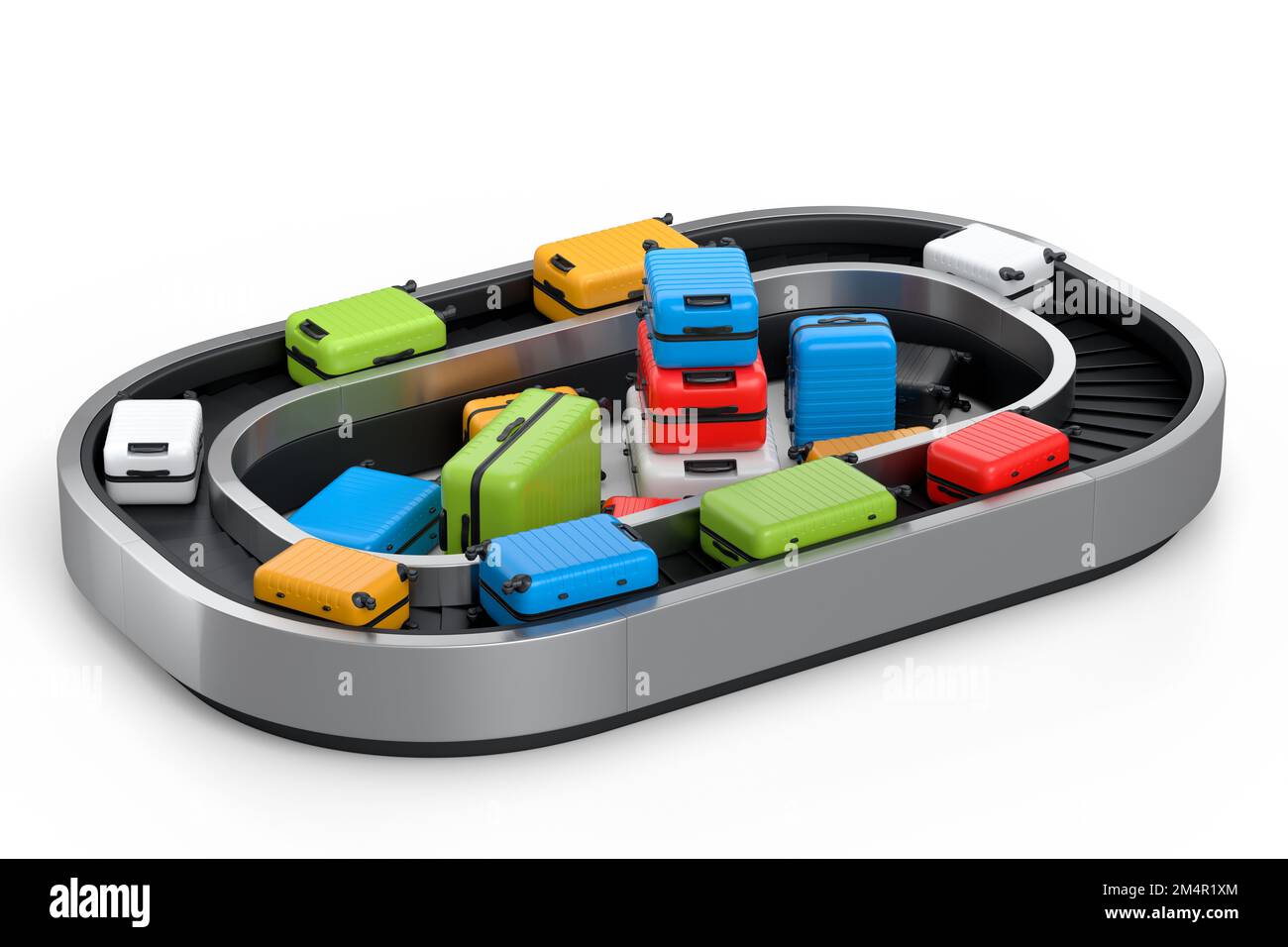 Airport luggage conveyor belt or baggage claim area with suitcases on ...