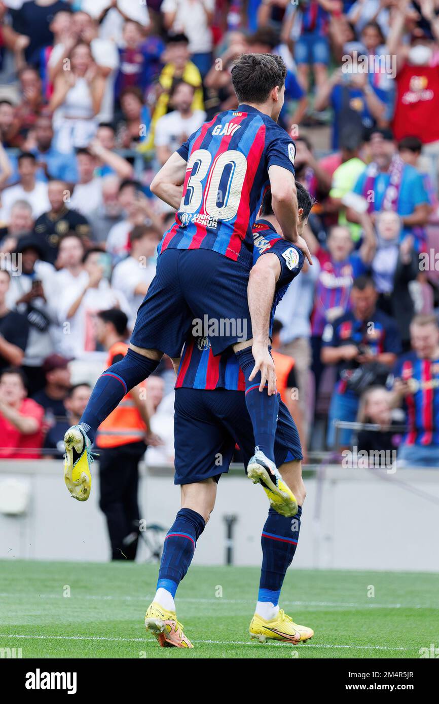 BARCELONA - SEP 17: Gavi celebrates after scoring a goal during the La ...