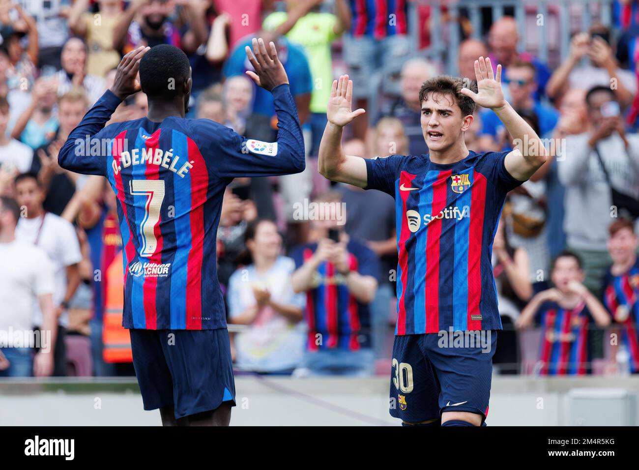 BARCELONA - SEP 17: Gavi celebrates after scoring a goal during the La ...