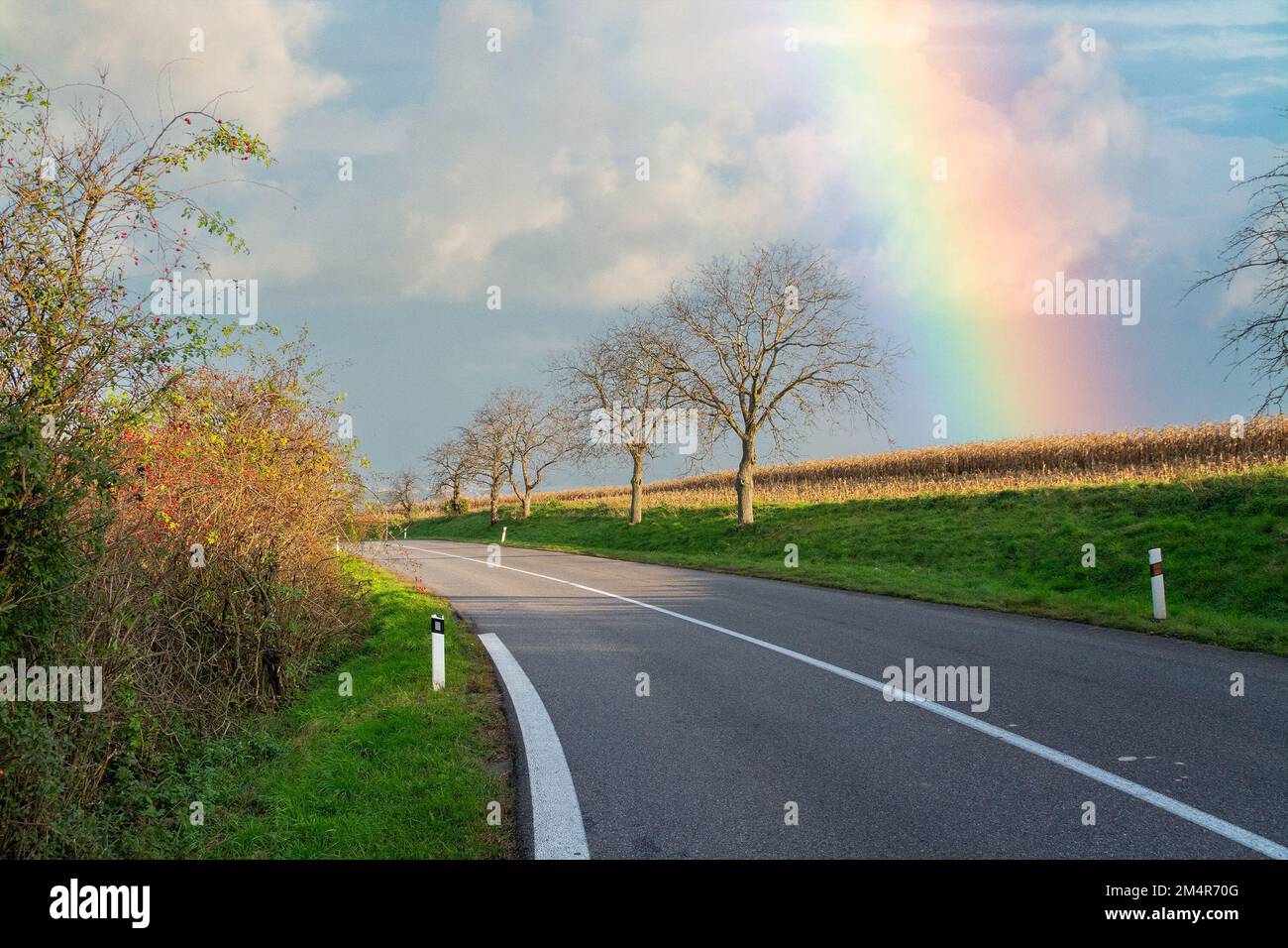 Rainbow. Empty road in the countryside. dry asphalt. Good weather Stock ...