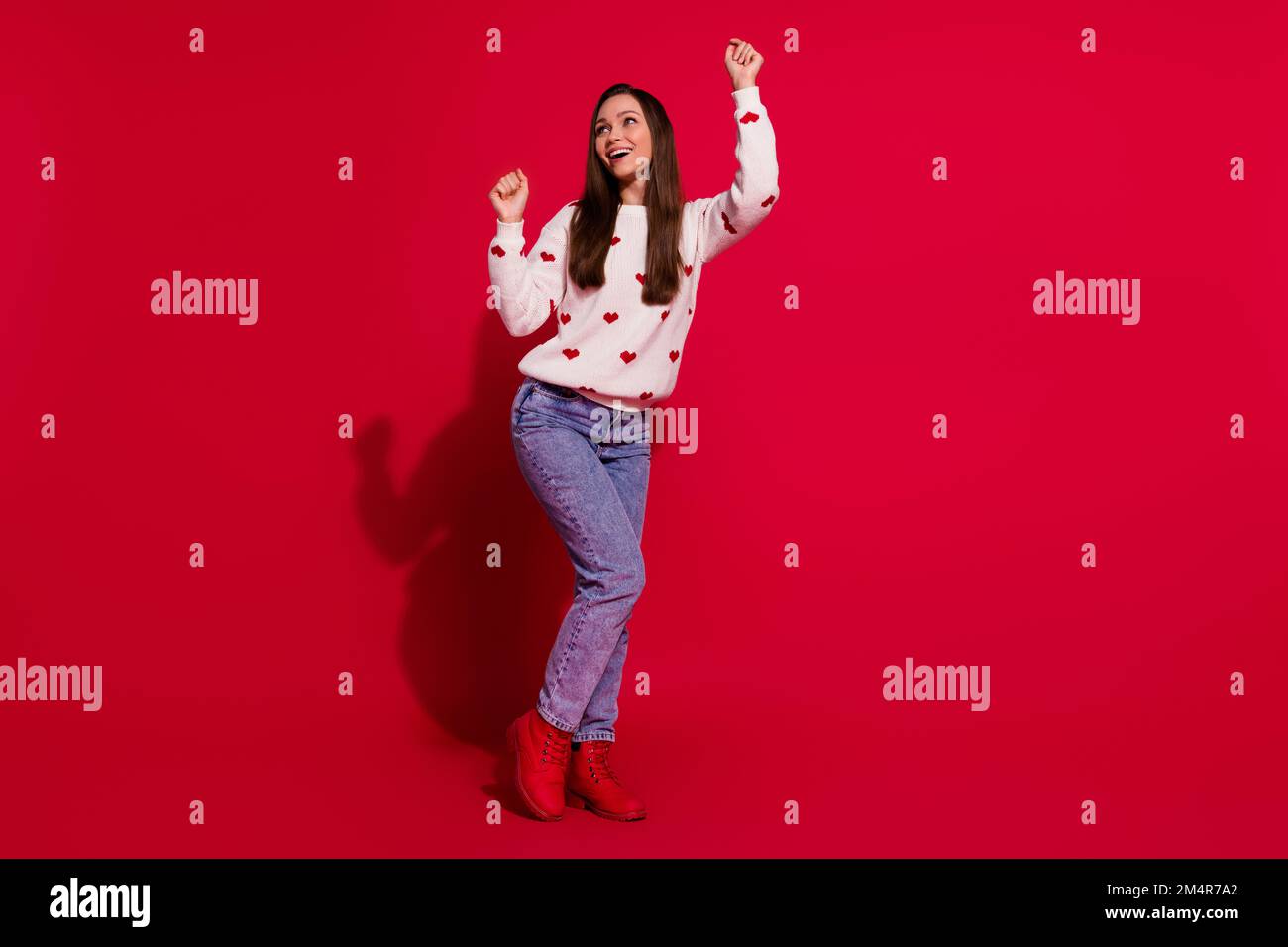 Full length photo of sweet charming lady wear white sweater dancing ...