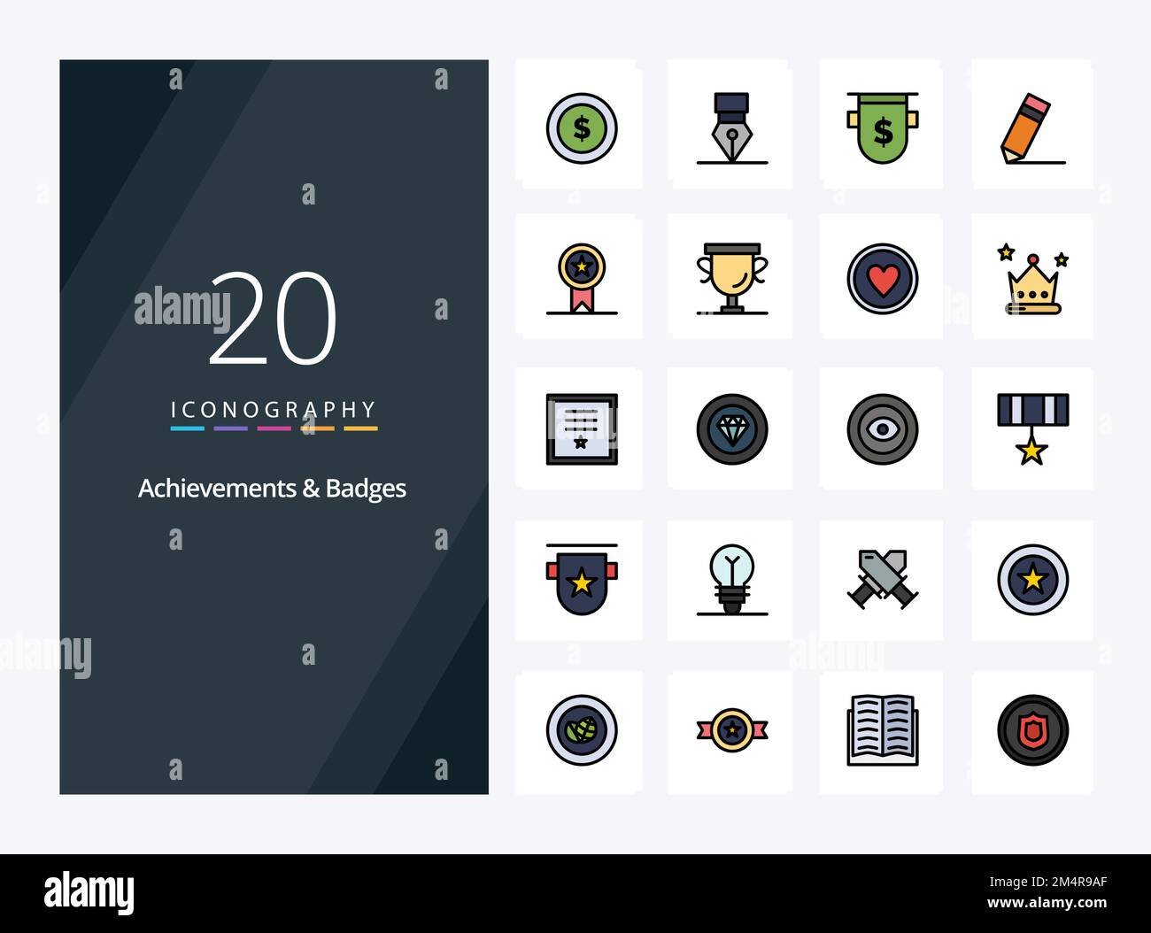 20 Achievements Badges line Filled icon for presentation Stock Vector ...