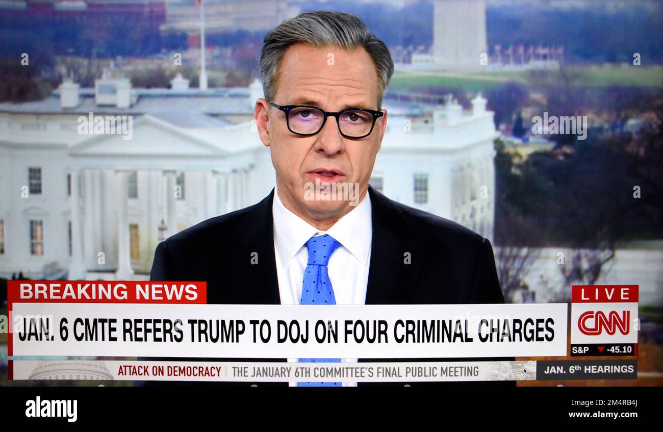 A CNN TV screen shot of Jack Tapper reporting on the Jan. 6 Committee's ...