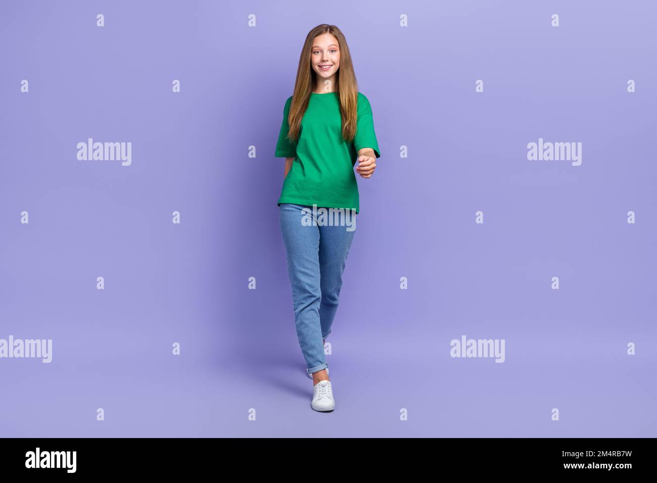 Full length photo of charming adorable small lady wear green t-shirt ...