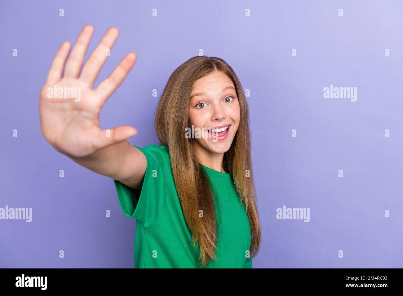Photo of funky pretty lady demonstrate arm palm rejoice good mood stand ...