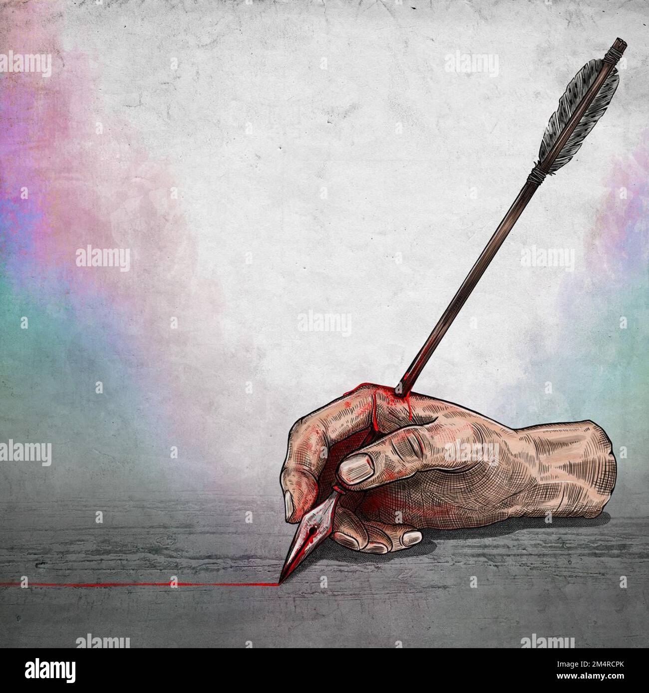 A hand writing in blood with a bow arrow - concept of war and violence ...