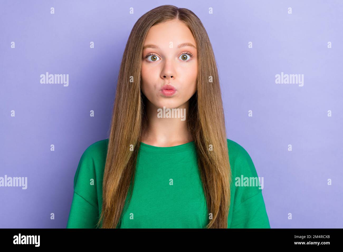 Photo of nice cute lady wear bright clothes blowing lips sending you ...