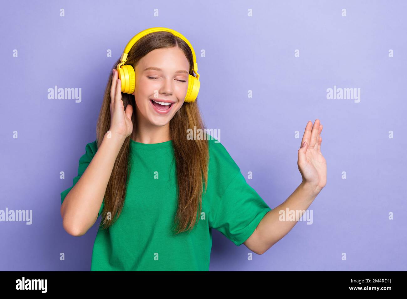 Photo of cheerful cute lady wear green trendy clothes have fun chill ...