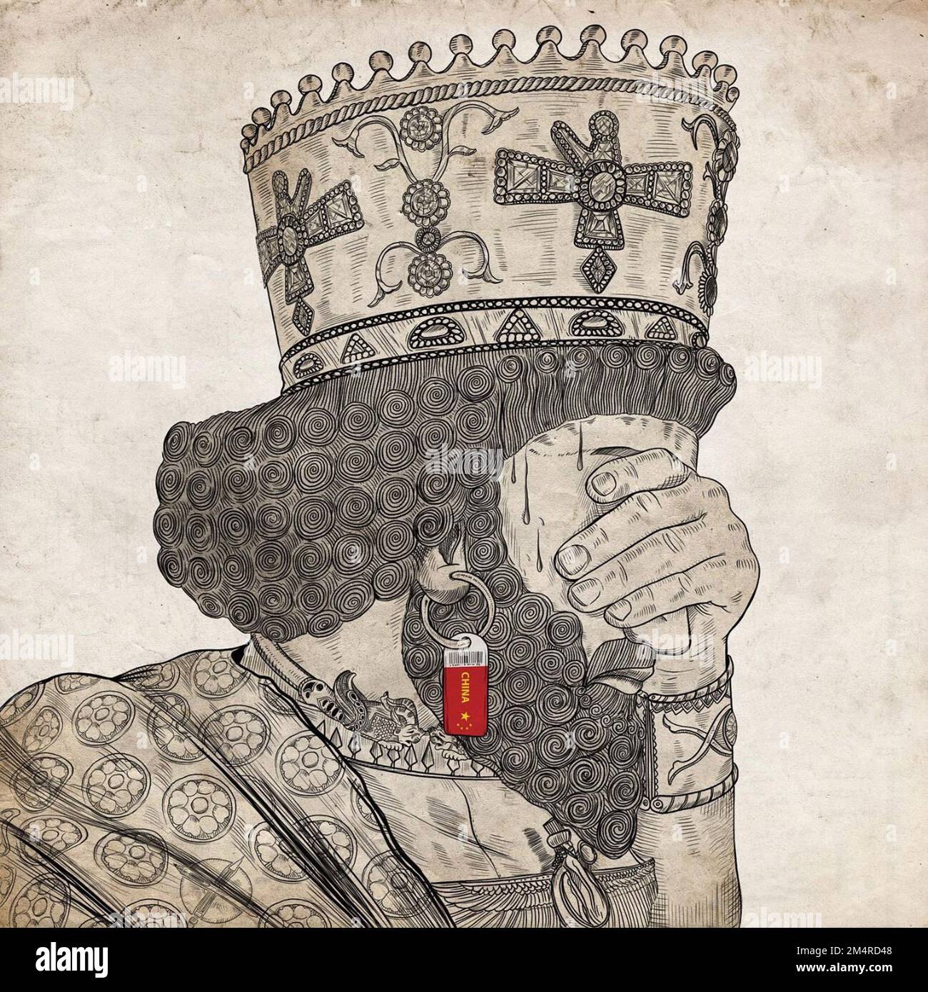 A surreal artwork of a Byzantine emperor crying with an earring with a ...