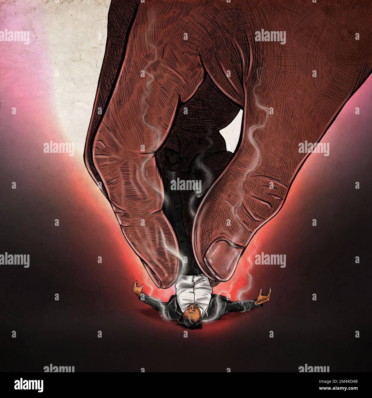 A dystopian artwork of a hand crushing an overworked and exhausted ...