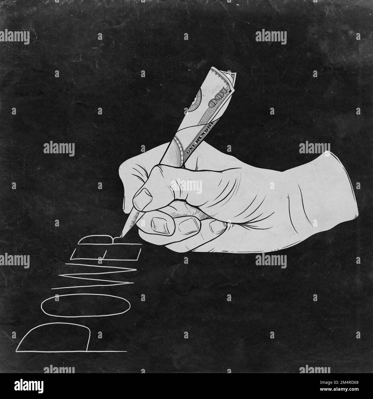 An illustration of a hand writing the word "POWER" with a 100 dollar ...