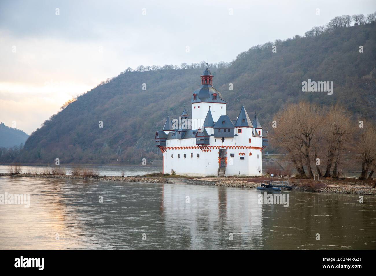 A small castle on an island on a river, Pfalzgrafenstein Castle on the ...