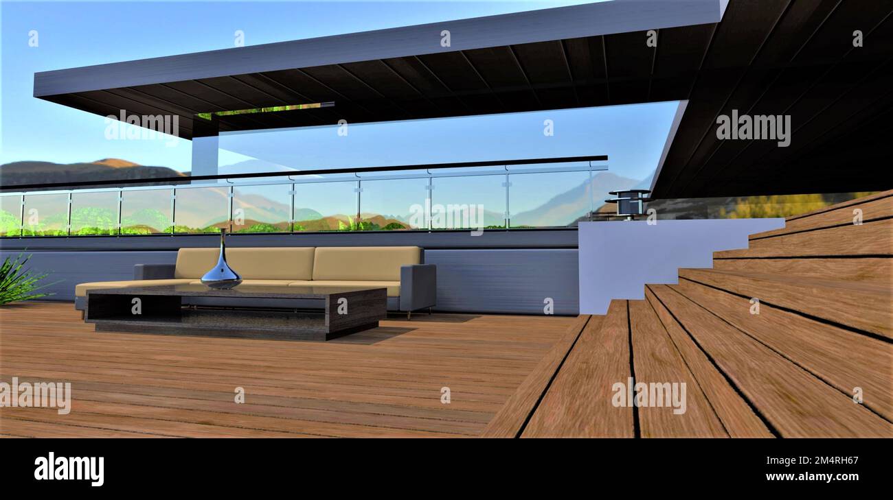 Wooden steps downstairs to comfortable sofa with table on the deck ...