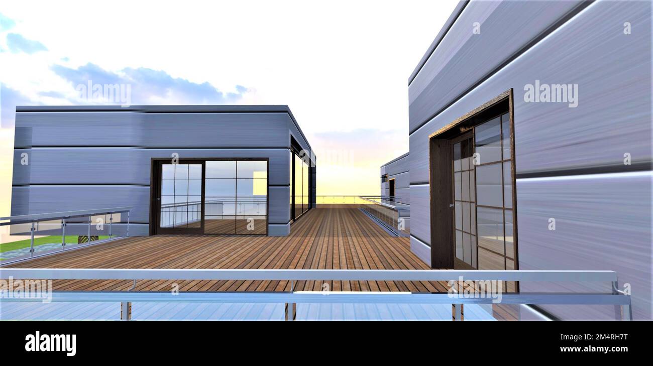 Looking through the glass railing onto an open terrace with plank ...