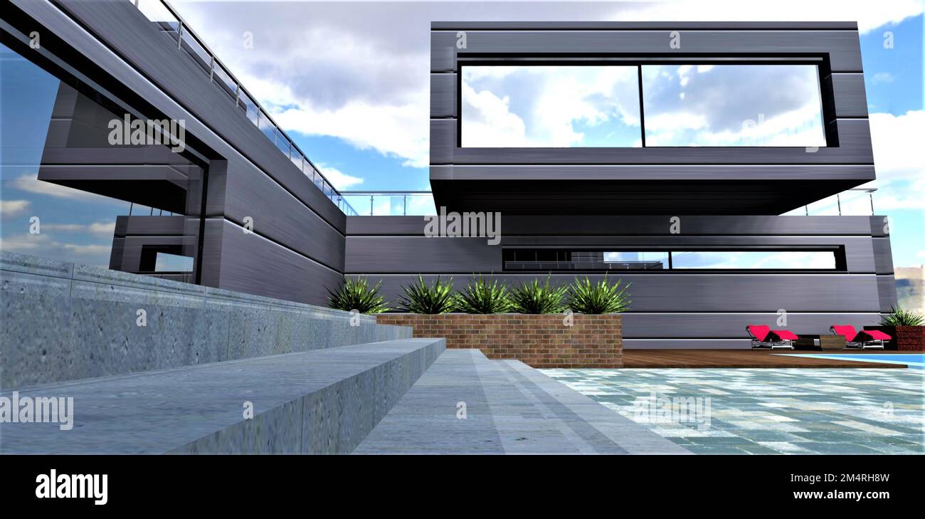 The concrete steps of stairs from exit to courtyard paved with gray ...