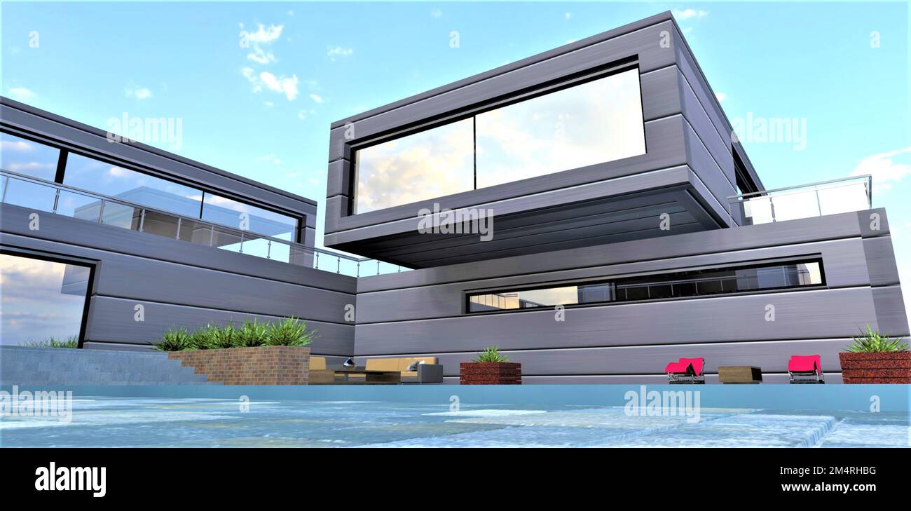 A large panoramic window on the second floor of a private house ...