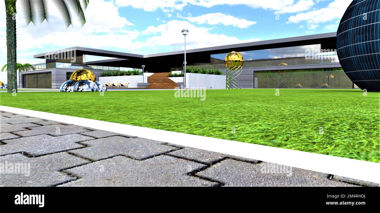 Low view from the gray concrete pavement to the stylish luxury house ...