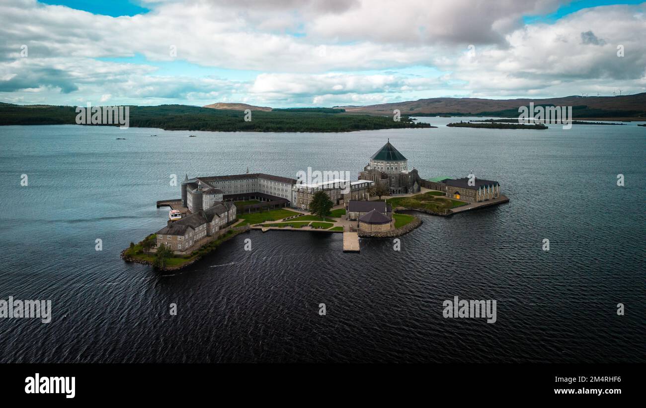 An aerial view of statue in background of Saint Patrick Purgatory ...
