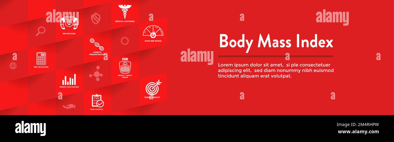 BMI or Body Mass Index Icons w Web Header Banner- scale, indicator, and ...