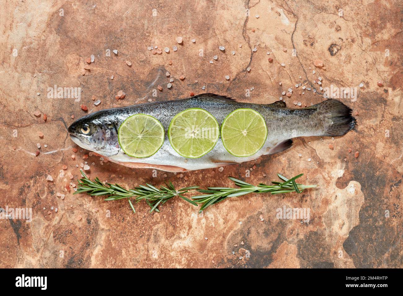 A top view of raw Trout fish with lemons and rosemary on kitchen ...