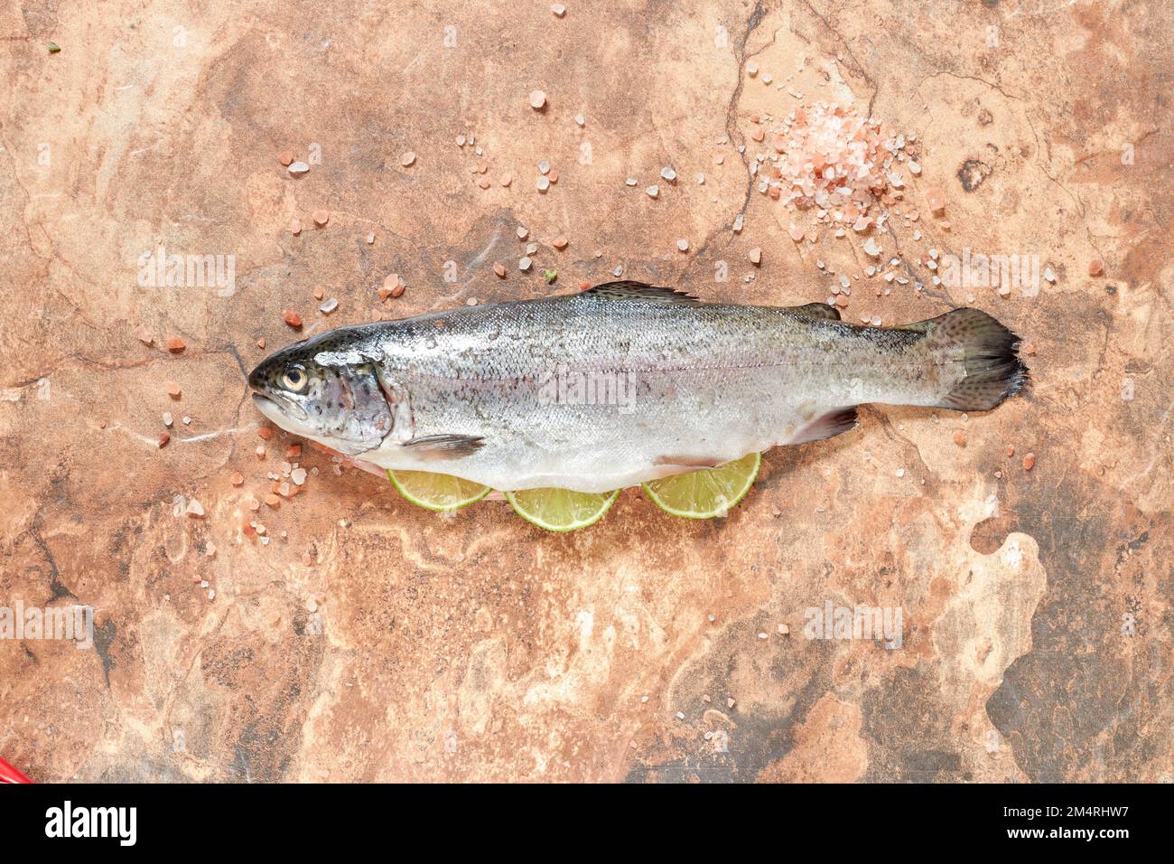 A top view of raw Trout fish with lemons on kitchen counter Stock Photo ...