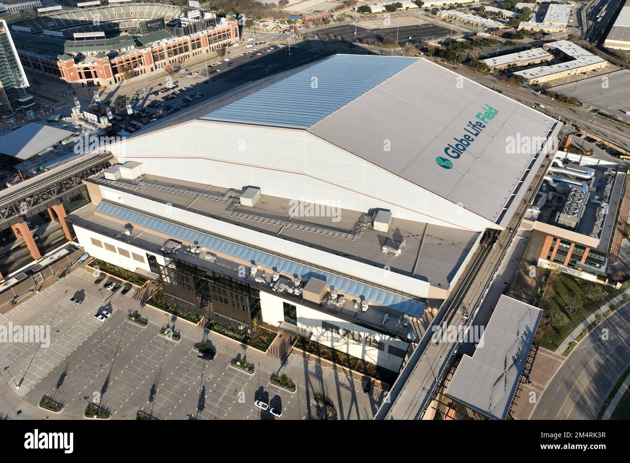 A general overall aerial view of Globe Life Field retractable roof ...