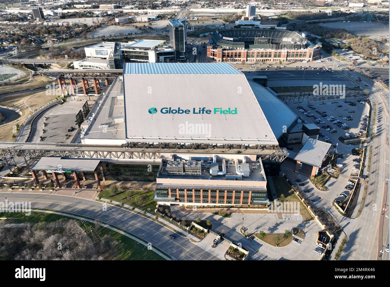 A general overall aerial view of Globe Life Field retractable roof ...