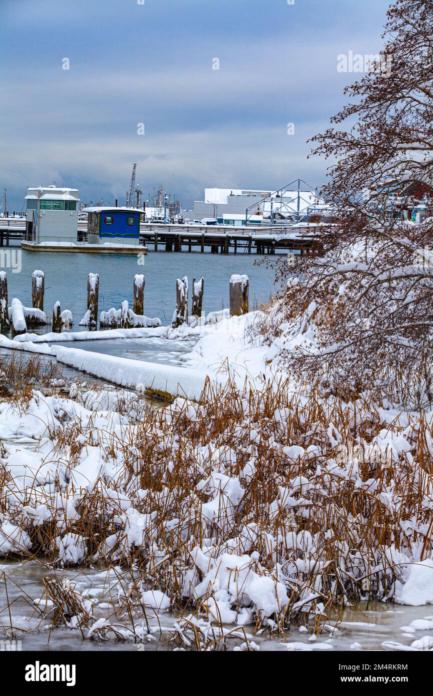 Steveston waterfront after a heavy snowfall in British Columbia Canada ...