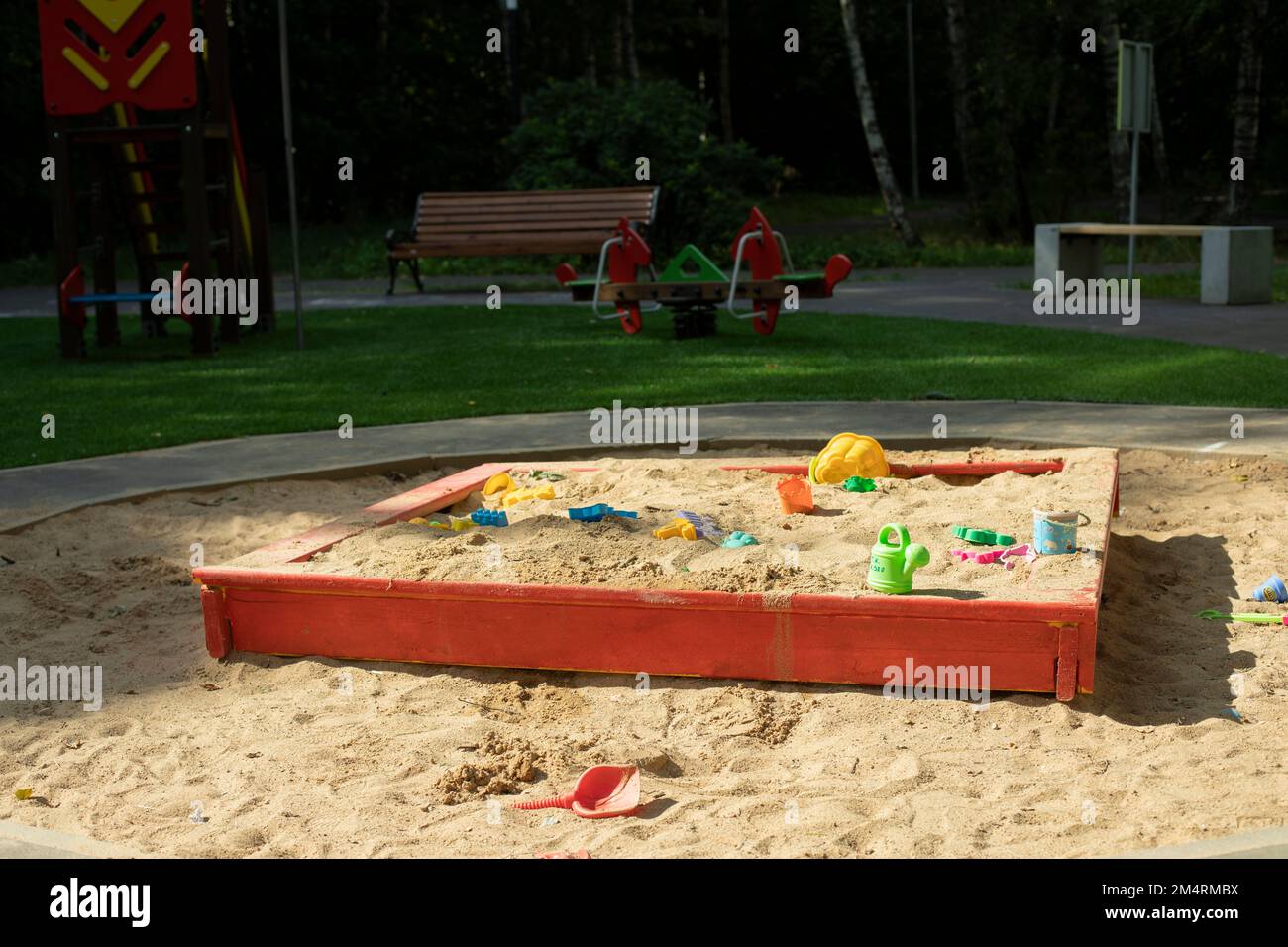 Sandbox for children. Children area. Lots of sand and toys. Empty ...