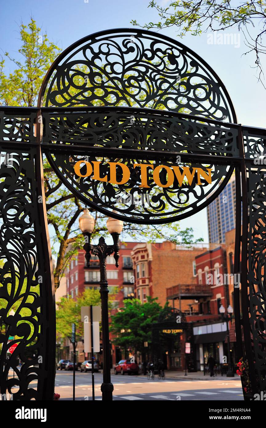 Chicago, Illinois, USA. An entry gate along a sidewalk on Wells Street ...