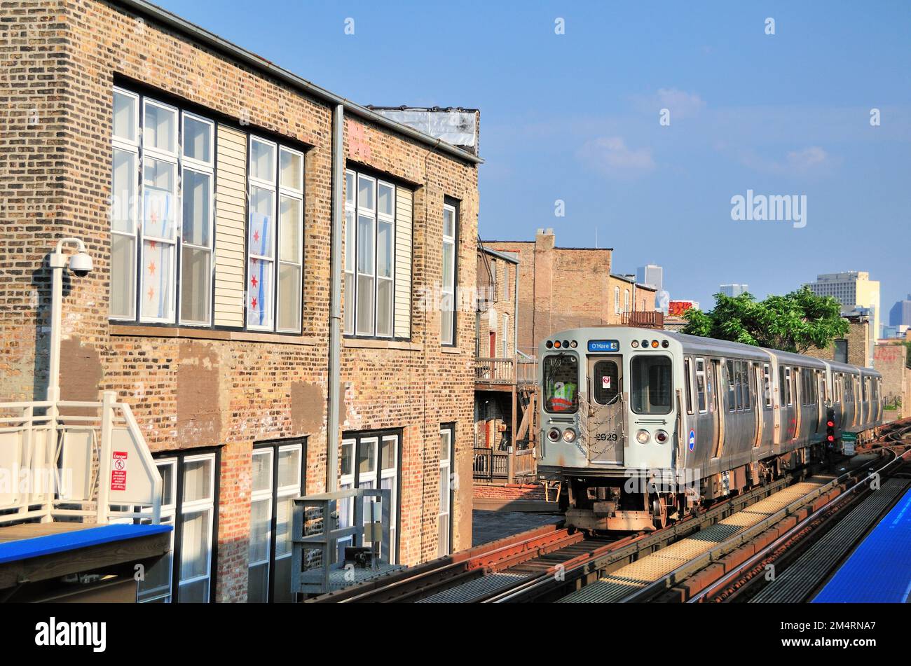 Chicago, Illinois, USA.A CTA Blue Line L train negotiating along an ...