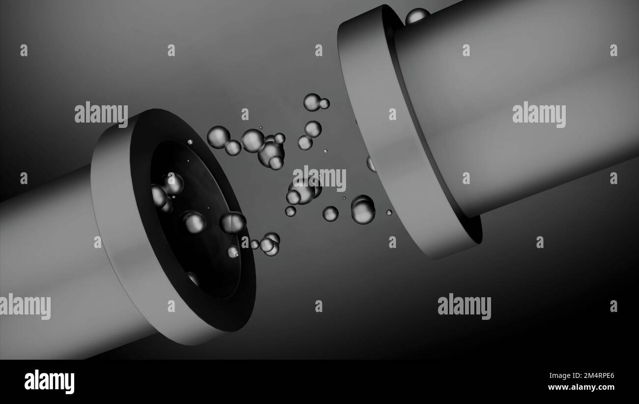 Gray background. Motion.Large dark pipes through which water drops flow ...