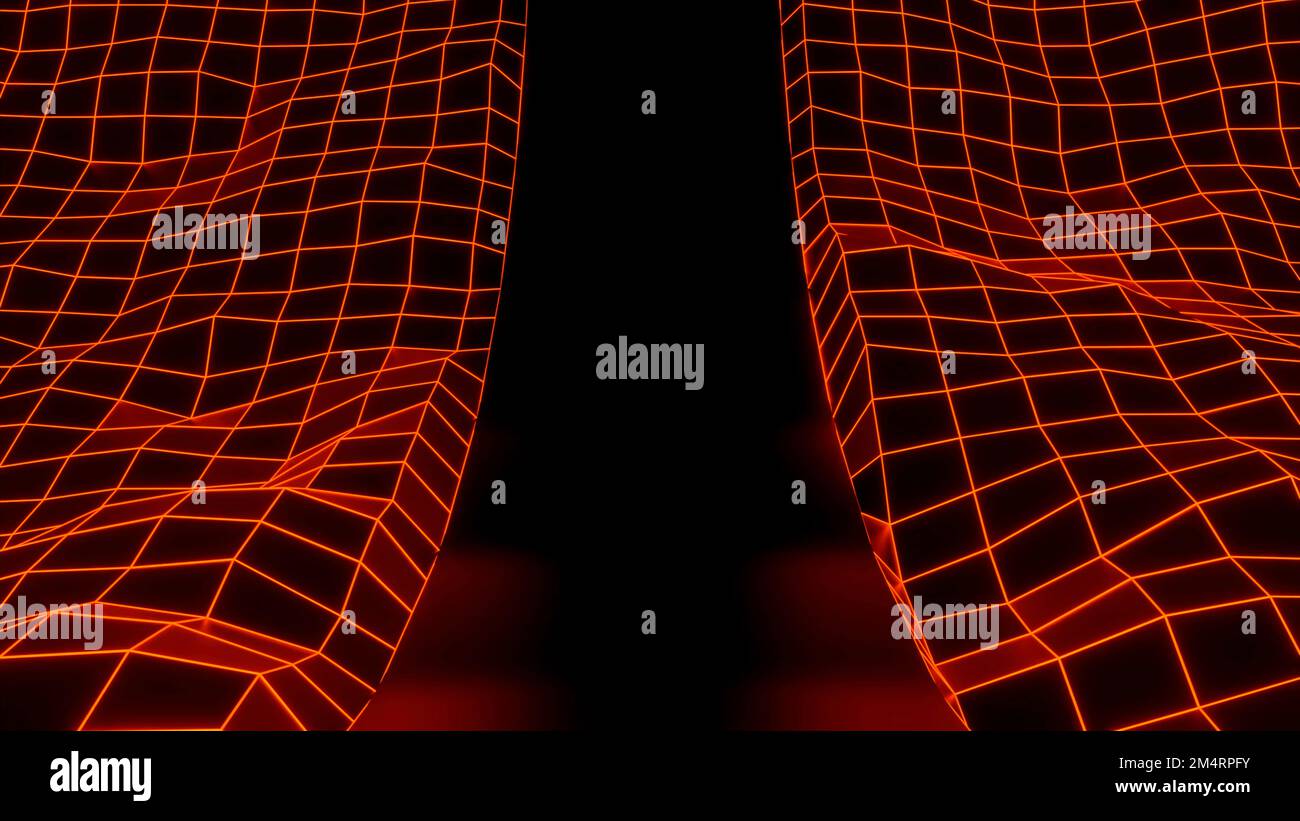 Abstract 3D red grid texture bending and moving on a black background ...