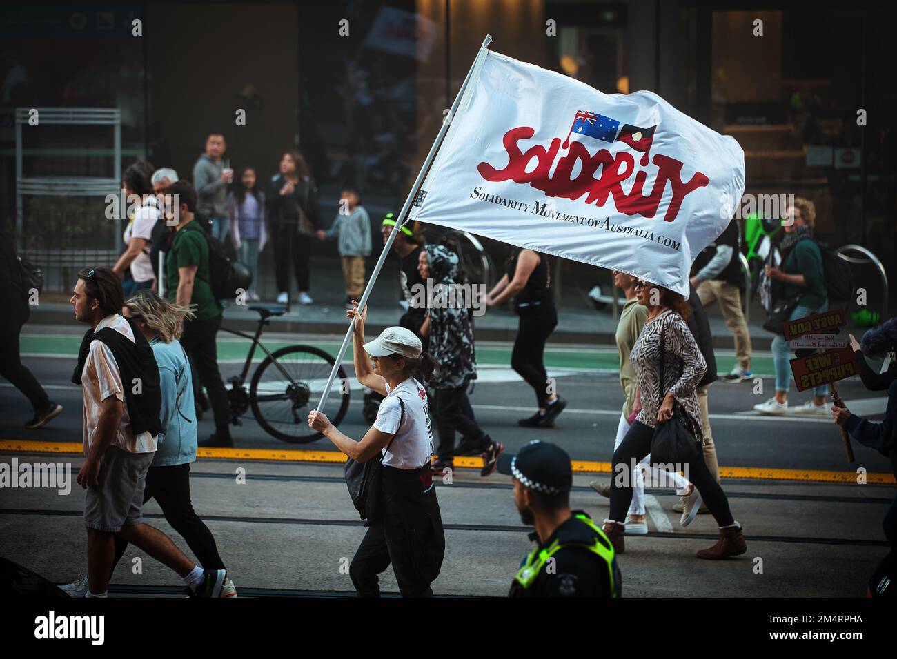 An aerial view of people in a freedom protest in Melbourne Stock Photo ...