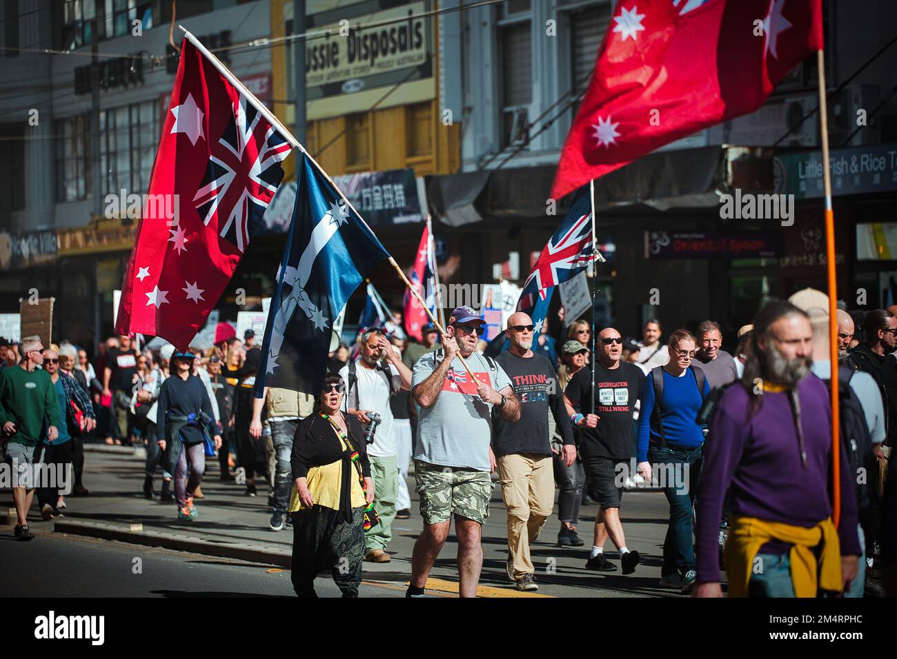 An aerial view of people in a freedom protest in Melbourne Stock Photo ...